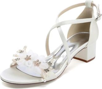 Generic Chaussures De Mariage Femmes Satin&eacute;e Chunky Heels Talon Ouvert Bout Talons Bas Sandales Mari&eacute;e Bureau Travail Soir 4.5Cm,Ivoire,43 EU