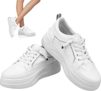 Yarnow Sneakers Femme Blanches Confortables PU avec Semelle Épaisse pour Style Décontracté