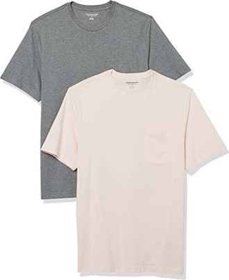 Amazon Essentials T-shirt coupe droite à encolure ronde et manches courtes, avec poche Homme, Lot de 2, Gris Chiné/Rose Pâle, XXL