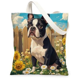 Generic Sac fourre-tout en toile r&eacute;utilisable avec motif de chien terrier de Boston pour faire du shopping, 33 x 38,1 cm, motif cl&ocirc;ture de tournesol, chiot - 