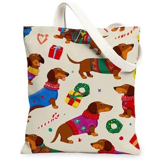 Generic Sacs fourre-tout en toile avec motif chien festif, design mignon canin, sacs d&eacute;picerie l&eacute;gers et lavables, style vintage, beige, 13x15 Inch