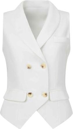 Allegra K Gilet &eacute;l&eacute;gant pour femme &agrave; double boutonnage ch&acirc;le revers gilet de costume sans manches Blanc S