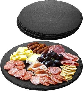 Navaris Planche ardoise pour fromage ap&eacute;ro tapas charcuterie dessert - Lot 4x plateau rond en ardoise &Oslash; 28 cm - Assiette ronde pour service plat