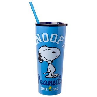 Silver Buffalo Peanuts Doppelwandiger Edelstahlbecher mit Strohhalm mit Snoopy und Woodstock, 625 ml