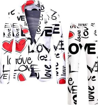 Generic Ensemble 2 pi&egrave;ces pour la Saint-Valentin 2026 pour homme avec veste imprim&eacute;e rose et pantalon, blanc, 3XL