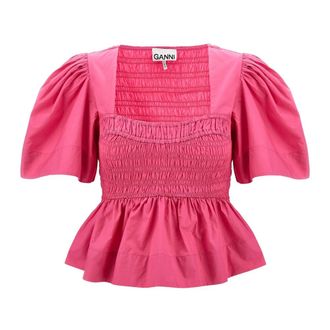 Ganni Gekr&auml;uselter Kurz-Smock-Top mit Rundhalsausschnitt - - Blouses & Shirts - Damen - Rosa - 2XS