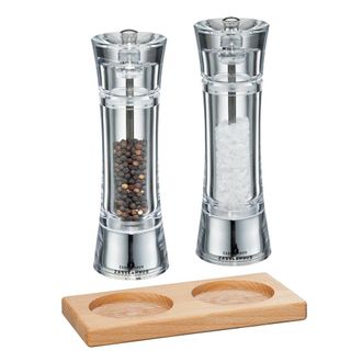 Zassenhaus Set Salzm&uuml;hle & Pfefferm&uuml;hle Aachen Acryl 18 cm & Untersetzer Buche eckig