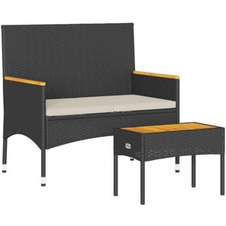 vidaXL Gartenbank 2-Sitzer mit Kissen und Tisch Schwarz Poly Rattan - Vidaxl
