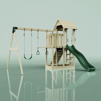 REBO Spielturm mit Wellenrutsche und 2X Kinder-Schaukel, Outdoor Kletterger&uuml;st Garten mit Plattform,Smaragdgr&uuml;n