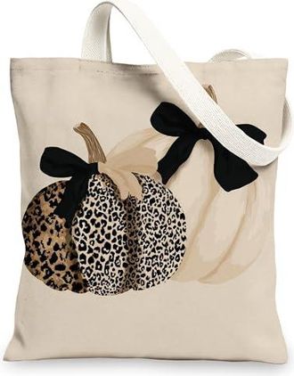 Generic Sacs fourre-tout en toile motif citrouille, sacs dépicerie réutilisables, imprimé animal chic, léger et lavable avec bandoulière, beige, 13x15 Inch