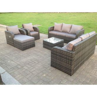 Fimous Polyrattan Garten Sofa Outdoor Gartenmöbel Set für 9 Personen Balkonmöbel Sitzgruppe mit Hocker,Armstuhl,Tisch Dunkelgrau Gemischt - Fimous