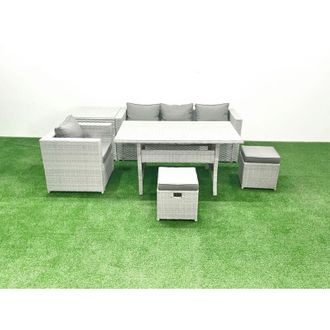 Fimous Rattan Gartenm&ouml;bel Essgarnitur 6 Sitzer Lounge Sofa Stuhl Esstisch Set mit 2 kleine Fu&szlig;hockern Beistelltisch Hellgrau gemischt - Fimous