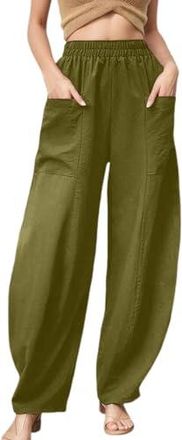 Generic Pantalon en coton et lin pour femme - Jambe large - Pantalon de plage d&eacute;t&eacute; confortable - Pantalon de yoga Palazzo - XIYU26052, vert militaire, 3XL