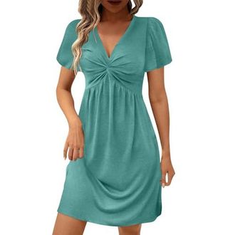 Generic Robe d&eacute;t&eacute; &agrave; manches courtes et col en V torsad&eacute; sur le devant pour femme - Robe de plage fluide et d&eacute;contract&eacute;e, Vert, XXL