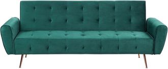 Beliani 3-Sitzer Schlafsofa Samt gr&uuml;n gesteppt mit hohen Metallf&uuml;&szlig;en Kupfer Selnes