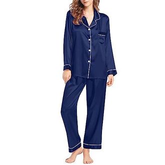 Generic Ensemble de pyjama en satin pour femme - Grande taille - Ensemble de pyjama en satin &agrave; manches longues - Pyjama long boutonn&eacute; - V&ecirc;tements de nuit - V&ecirc;