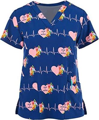 Generic Blouse Infirmiere Femme,Chemisiers Et Blouses Femme Imprimé à Col en V pour Femmes Haut à Manches Courtes Décontracté à La Mode pour Soignante Blouse 