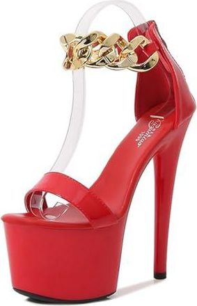 Generic Rouge,37 EU,Sandales à chaîne pour Femmes, Plateforme, Bout Ouvert, Bride à la Cheville, Talons Aiguilles, Fermeture éclair au Dos, Chaussures de soir