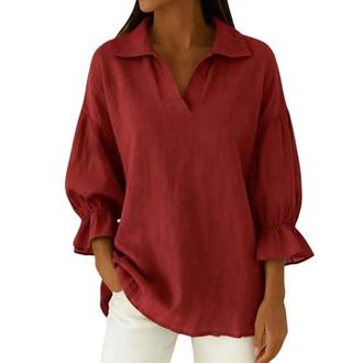 Generic Chemise Femme Coton Lin Chic Et Elegant Casual Chemises D&eacute;t&eacute; Manche Longue Et Col en V Lache Hauts Legers Respirant Tunic Mode Coton Et Lin Grande Tai