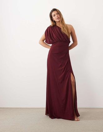 Tfnc robe longue en mousseline &agrave; une &eacute;paule drap&eacute;e bordeaux-Gris