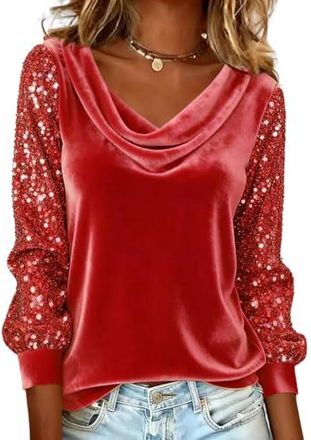 TOMWELL T-Shirt Paillettes Femme &Eacute;l&eacute;gant Manches Longues Tops Haut Party Club Brillantes A Rouge M