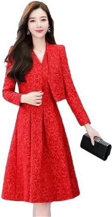Generic Ensemble de 2 pièces pour femme avec veste courte et robe plissée trapèze avec imprimé vintage, Rouge, 3XL