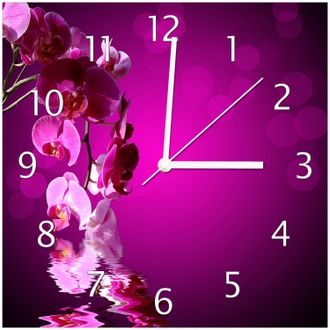 Wallario Design-Wanduhr Rosafarbene Orchidee Blüten in pink aus Glas, Motiv-Uhr Größe 30 x 30 cm, weiße Zeiger