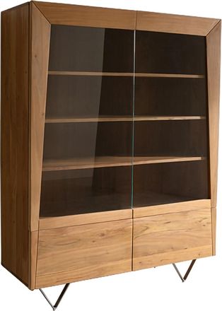 DELIFE Glasschrank Kayu Akazie Natur 115x150 cm 2 Glast&uuml;ren V-Fu&szlig; Highboard