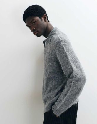 Asos Oversize gestrickter Mohair-Pullover mit Kerbausschnitt in Grau