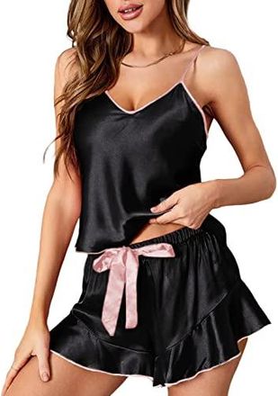 Onsoyours Ensemble De Pyjama Femme Sexy Chic &eacute;t&eacute; 2 Pi&egrave;ces Satin Shorts Et Col V sans Manches Camisole Mode V&ecirc;tements De Nuit Pyjama Set Nightwear B Noir XS