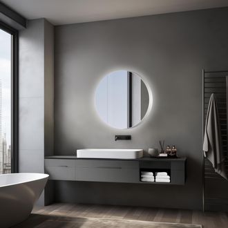 Talos Spiegelschrank mit austauschbarer Beleuchtung Silver Picasso Style &Oslash;80 cm - Spiegelschrank Bad mit 2 Ablagefl&auml;chen - Aluminium - R&uuml;ckwand verspiegelt