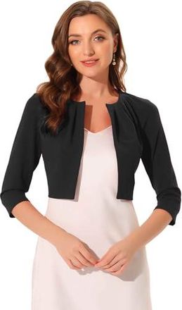 Allegra K Bol&eacute;ro en Mousseline Femme Blazer Court de Bureau &agrave; Haussement d&Eacute;paules et &agrave; Manches 3/4 Cardigan L&eacute;ger Court Pliss&eacute; sans Col Noir XL