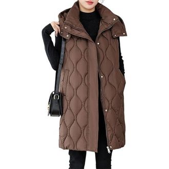 Generic Doudoune longue sans manches matelass&eacute;e &agrave; capuche pour femme, chaude et chaude pour lhiver, fermeture &eacute;clair, couleur caf&eacute;, taille moyenne