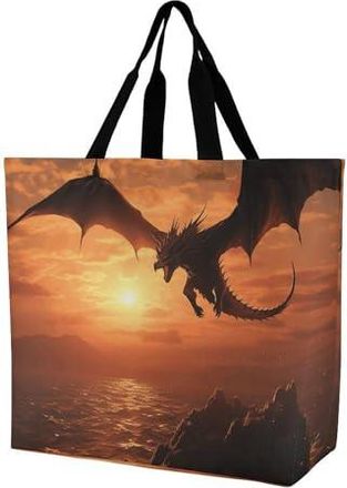 Generic Dragon Volant Au Coucher Du Soleil Sur La Mer Sac Fourre Tout R&eacute;utilisable Sacs Pliable Sac A Main Femmes Pour Voyage Gym Quotidienne