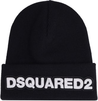 Dsquared2 Mens Ribbed Wool Beanie Black Hat