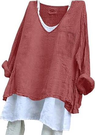Generic Chemisier Femme Coton Et Lin Chic Et Elegant D&eacute;contract&eacute;s Chemisiers Et Blouses D&eacute;t&eacute; &Agrave; Manches Longues Col V Loose Top Legers Respirant Tunic Mode Cot