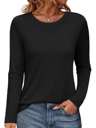 Onsoyours Damen Rundhals Tshirt Langarm Pullover Herbst Winter Oberteile Einfarbig Basic Longshirt Tops A Schwarz XXL