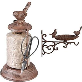 Esschert Design Garnspender, Schnurrhalter aus Gusseisen mit Schere, ca. 12 cm x 12 cm x 23 cm & Wandfutterschale Gußeisen, braun, 23.6x28.1x23.4 cm, FB163