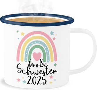 Shirtracer Emaille Becher Blechbecher - Tassen - Große Schwester Geschenk 2025 Regenbogen Big Sister - 300 ml - Weiß Blau - schwestern 2023 tasse sis trinkbecher