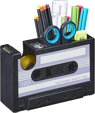 Relaxdays Stiftehalter Kassette, Schreibtisch Organizer, Klebeband, 3 Fächer, Retro Design, Stiftebox Büro, grau/schwarz