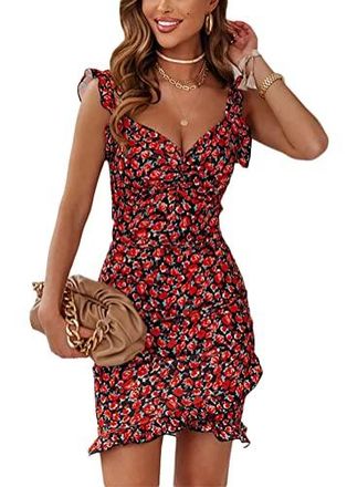 Onsoyours Robe Femme Élégant Imprimé Floral Robe Col V Sexy sans Manches Manches Longues Mini Robe Lâche Moulante Chic Robe De Soirée Cocktail Été A Rouge01 L