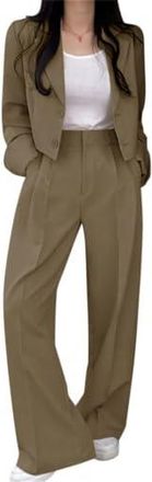 Minetom Tailleur Femme 2 Pièces Elegant Manche Longue Blazer Couleur Unie Veste Courte Formel Affaires Travail Pantalon Costume de Bureau Soiree B Kaki XS