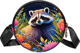 Generic Petit sac &agrave; bandouli&egrave;re circulaire pour femme, motif raton laveur avec fermeture &eacute;clair, bretelles r&eacute;glables, sac &agrave; main rond d&eacute;contract&eacute; pour femmes 