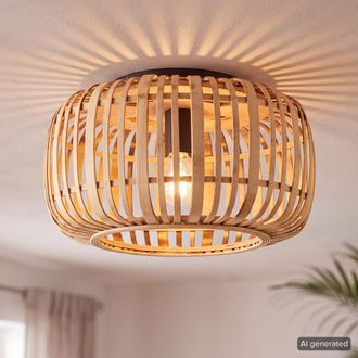 Brilliant home24 Deckenleuchte Woodrow &Oslash; 40cm Beige Material: Metall, Naturfaser Metallart: Eisen Naturfaserart: Rattan Oberfl&auml;che Holz: Lasiert Oberfl&auml;che