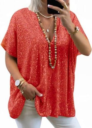 Minetom Femmes T-Shirt Manche Courte Col V Chemisier Haut Lâche Oversize Blouse Paillettes Brillantes Tops Tee Shirt A1 Rouge 3XL