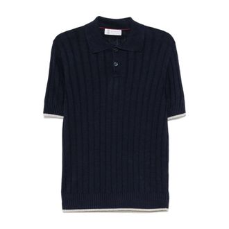 Brunello Cucinelli Homme, Tops, Bleu, Taille: M Polo Bleu Manches Courtes et Bords C&ocirc;tes