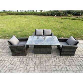 Fimous Hoher R&uuml;cken Rattan Gartenm&ouml;bel Sets mit Einstellbare H&ouml;he Esstisch Beistelltische Gro&szlig;er Fu&szlig;hocker Dunkelgrau Gemischt - Fimous