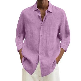 Generic Chemises boutonn&eacute;es en lin pour homme - Coupe ajust&eacute;e - Chemise blanche pour homme - Coupe ajust&eacute;e - T-shirt d&eacute;t&eacute; en coton - T-shirt &agrave; manches longues