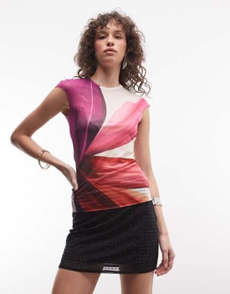 AFRM Nina - T-shirt ras de cou en tulle imprim&eacute; &agrave; mancherons - Fleur rose-multicolore