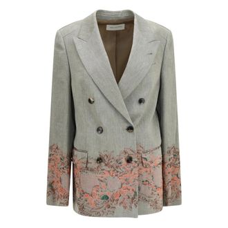 Dries Van Noten Blazer Droit en Lin et Coton Brod&eacute; - Femme - Vestes - Gris - Taille: 40 FR